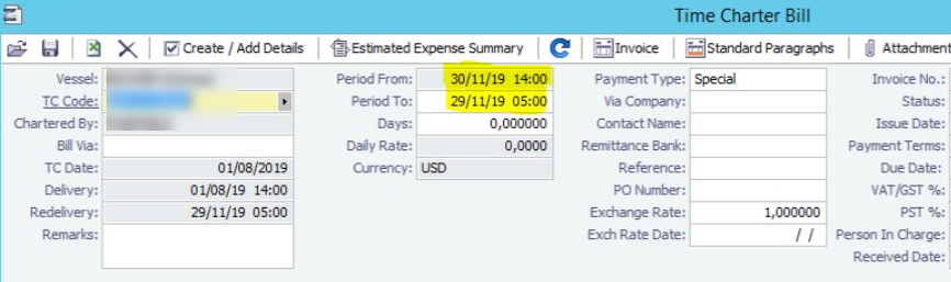 Why am I not allowed to adjust the Time Charter Bill date?
