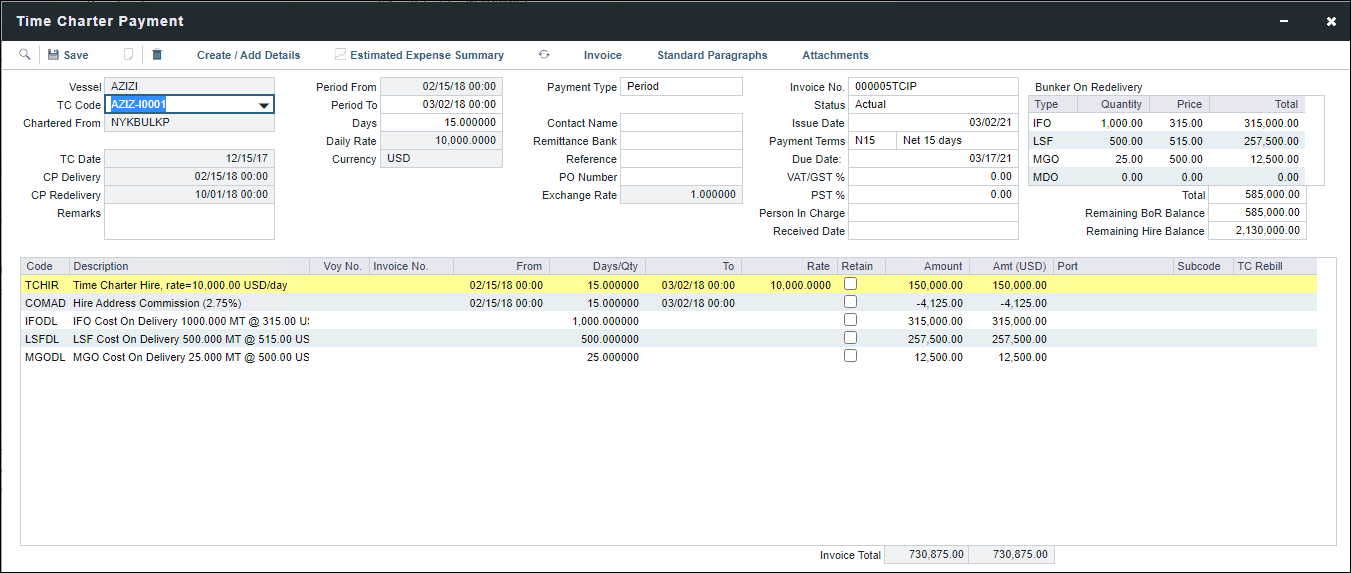 Why is there a line item highlighted in yellow on a Time Charter Bill ...