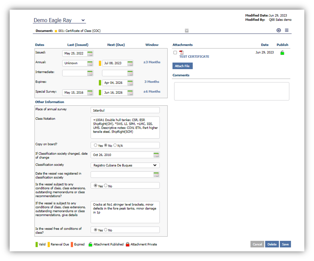 Q88/Q88 Onboard - Certificate Details