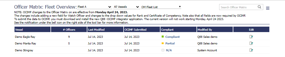 Officer Matrix Fleet Overview Page