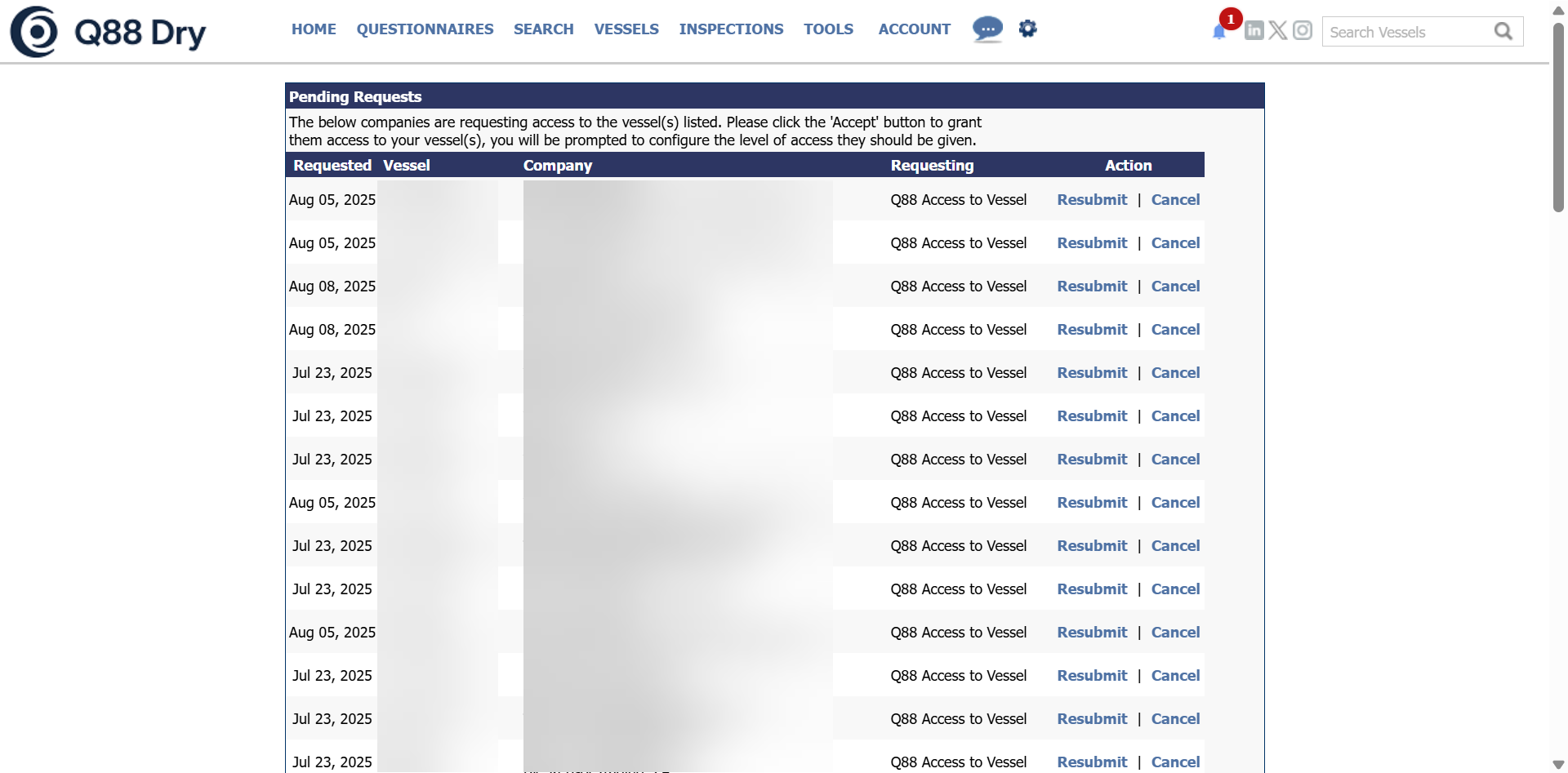 Q88 Dry/Q88 Dry Onboard - Manage Vessels