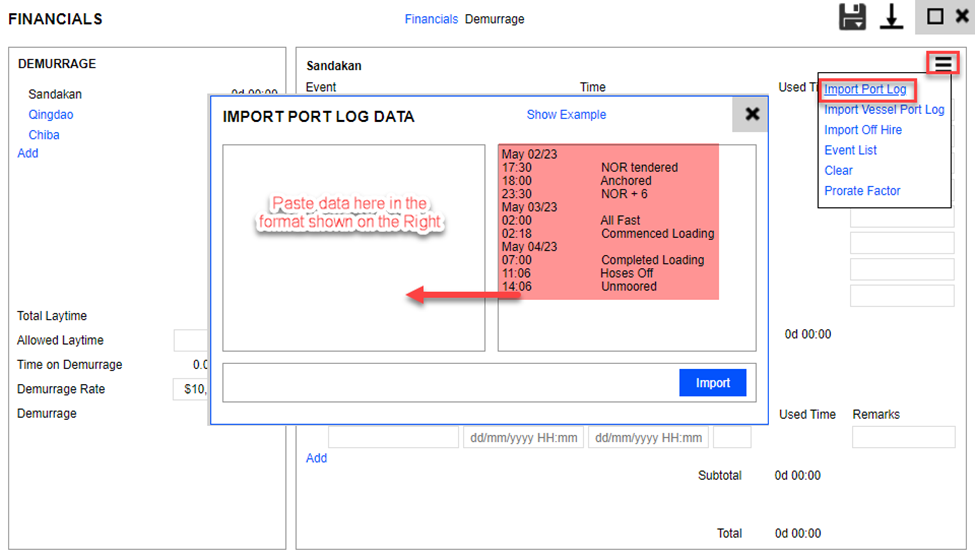 VMS - How do we use the ‘Import Port Log’ feature?