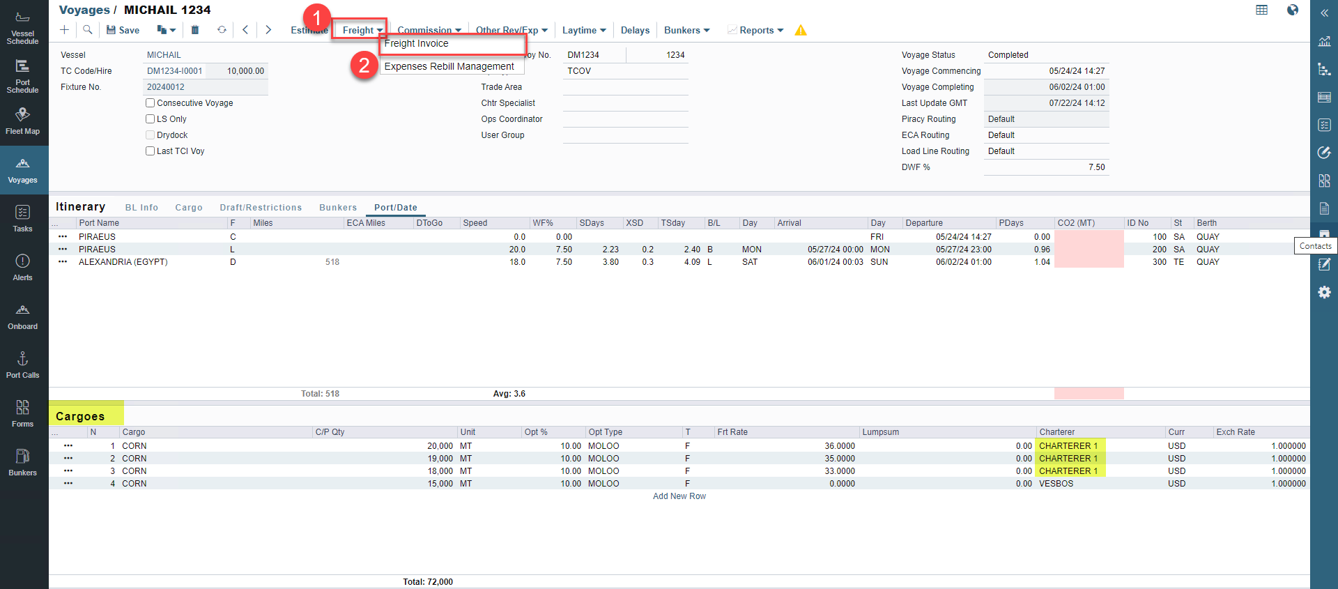 How do I create Freight Invoices for a Voyage with multiple Cargoes of ...