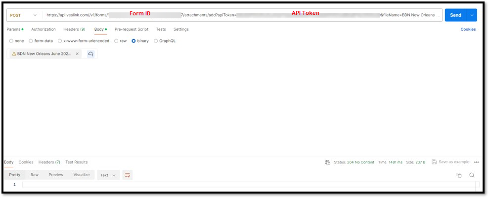 Can I submit Veslink form attachments via the API?