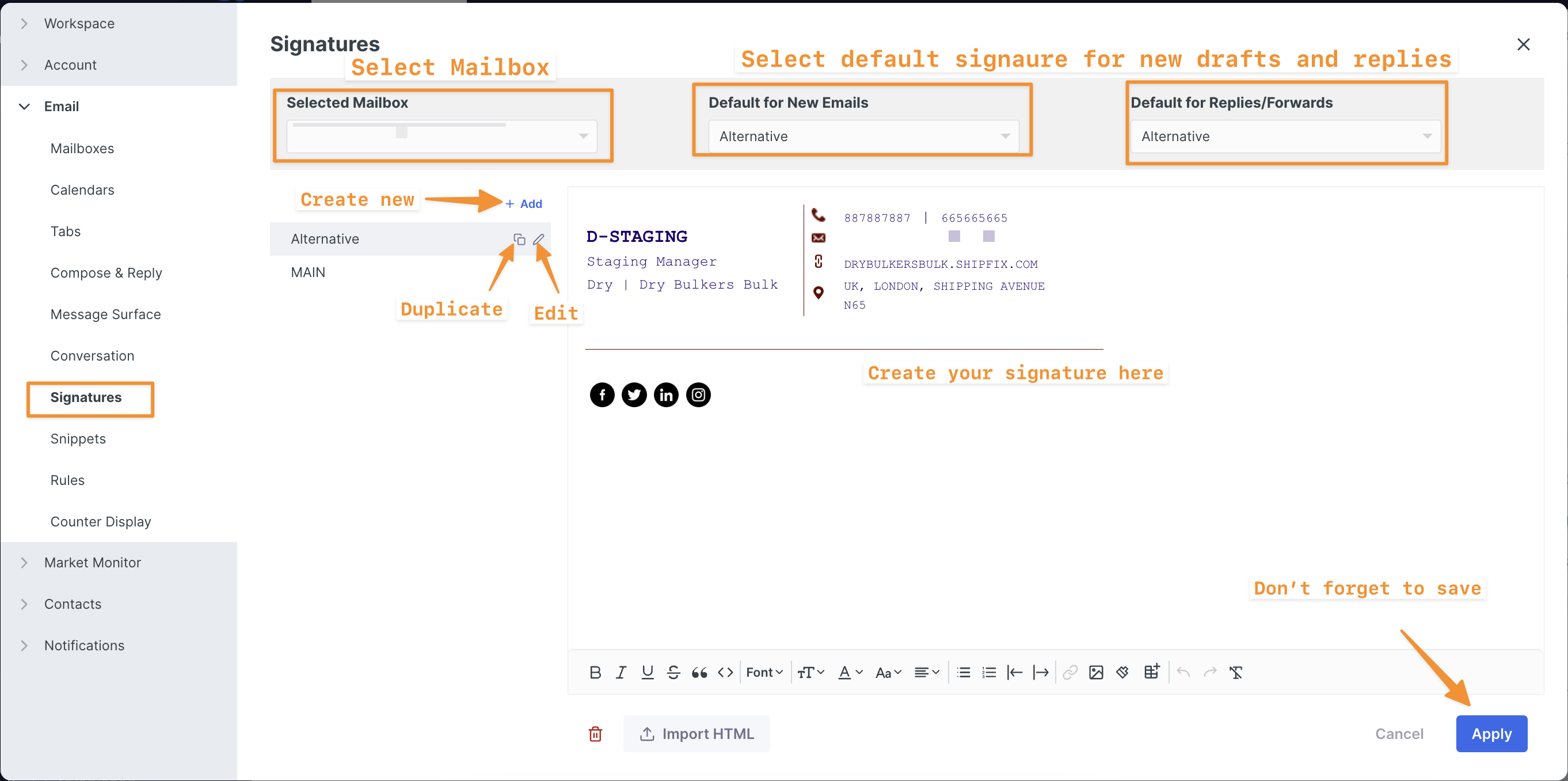 Setting up or editing your email signatures