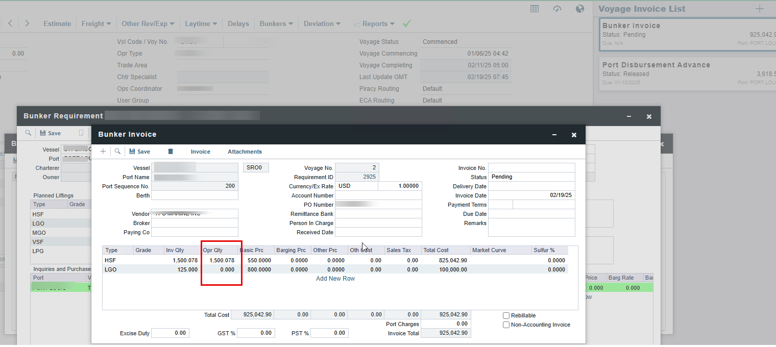 Why doesn’t “Opr Qty” reflect on the Bunker invoice, when we have ...