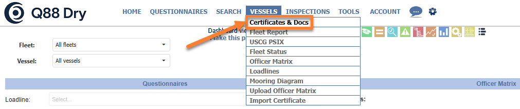 Q88 Dry /Q88 Dry Onboard - Main Certificates Page Overview