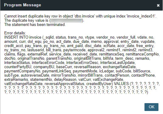 Cannot insert duplicate key row in object 'dbo.invoice' with unique index 'invoice_index01.'