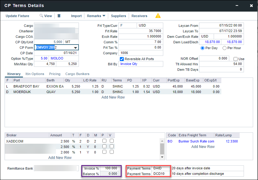 IMOS - Why are there two Payment Terms in a cargo contract?