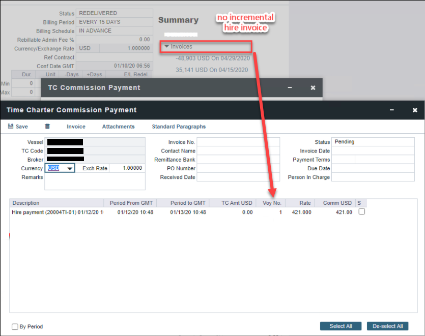 Why is there no voyage number in Time Charter Commission Payment line item?
