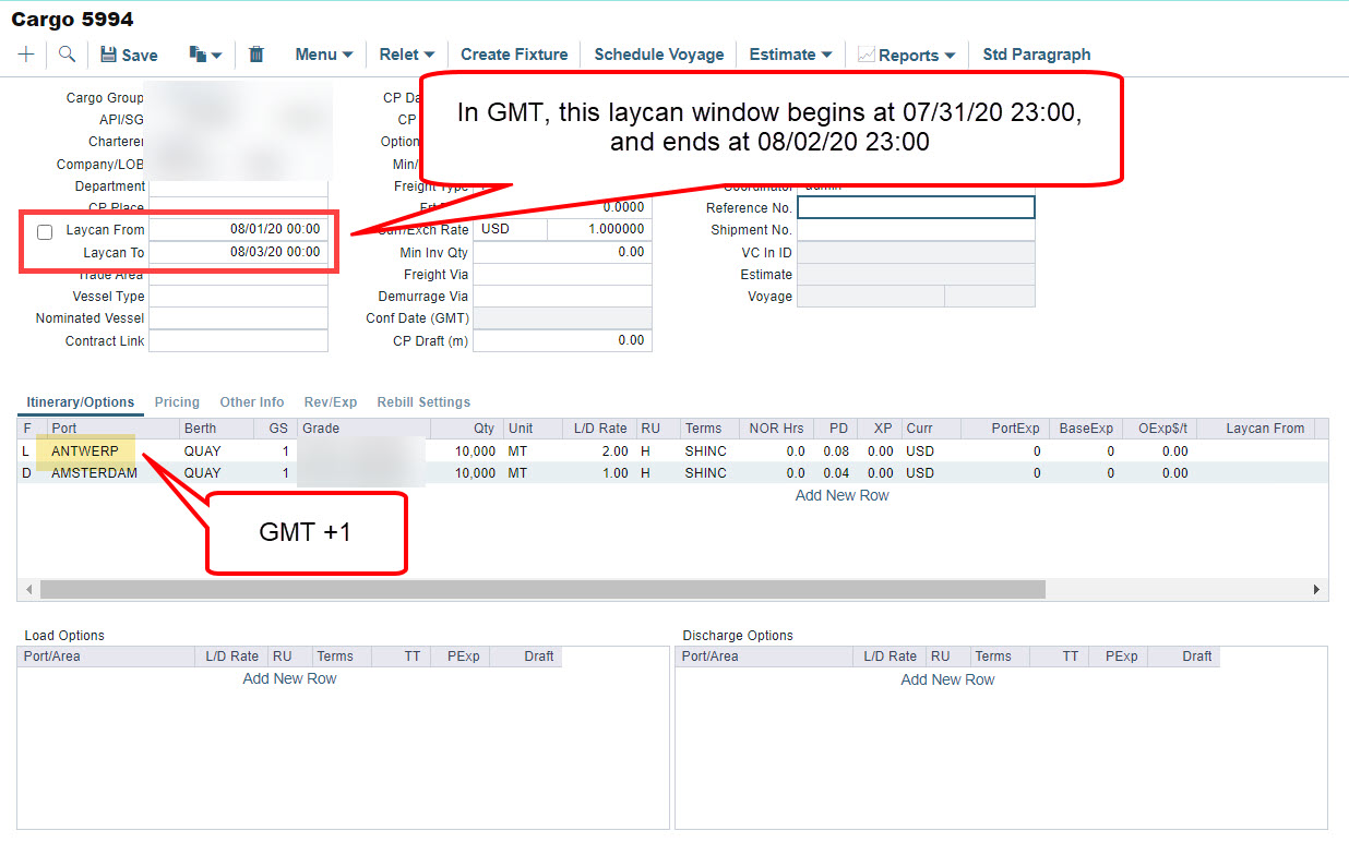Why does the Laycan Range value of a Cargo/VC In as viewed from the ...