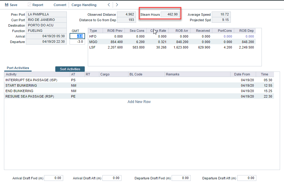 How do I derive Steam Hours from Port Activities in the Report Designer?